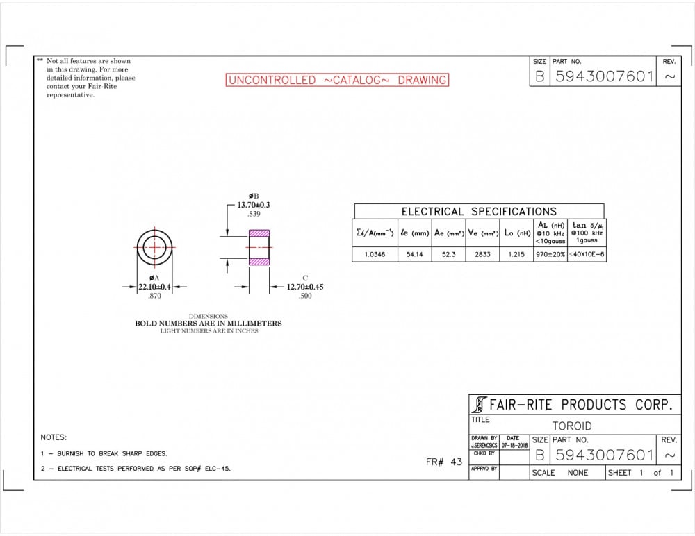 Fair-Rite 5943007601 technical document preview