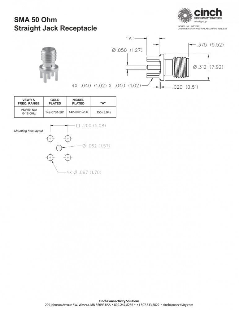 Bel Fuse SMA connector datasheet page 1