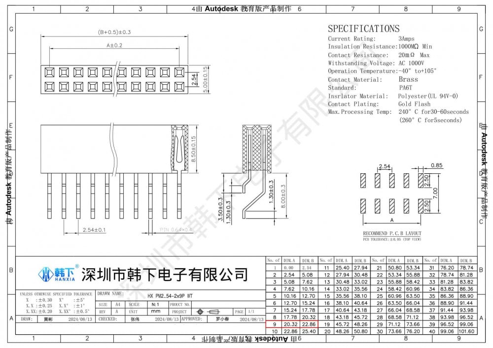 HX PM2.54-2x9P WT technical drawing preview