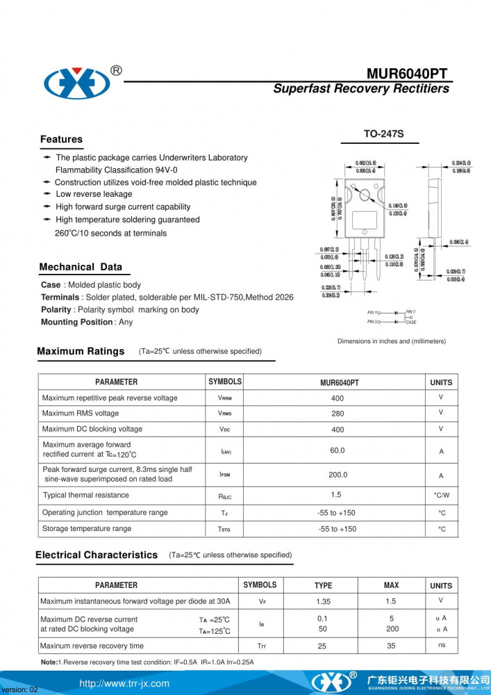 JUXING MUR6040PT datasheet page 1