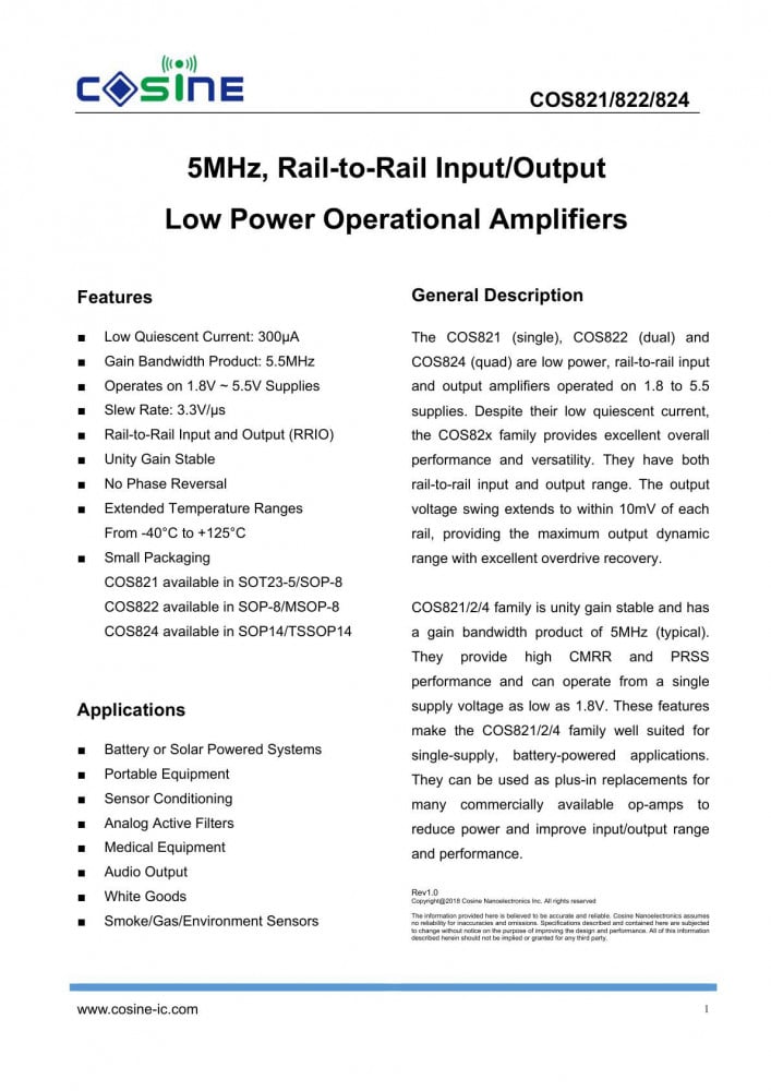 COS822SR datasheet page 1