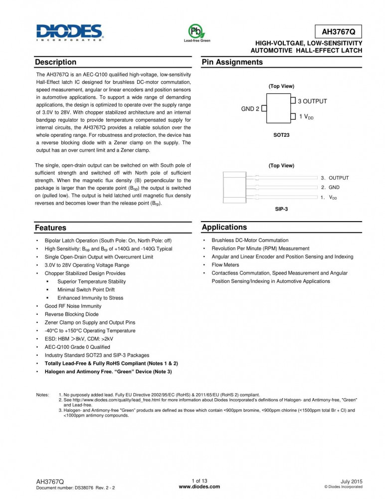 AH3767Q datasheet page 1