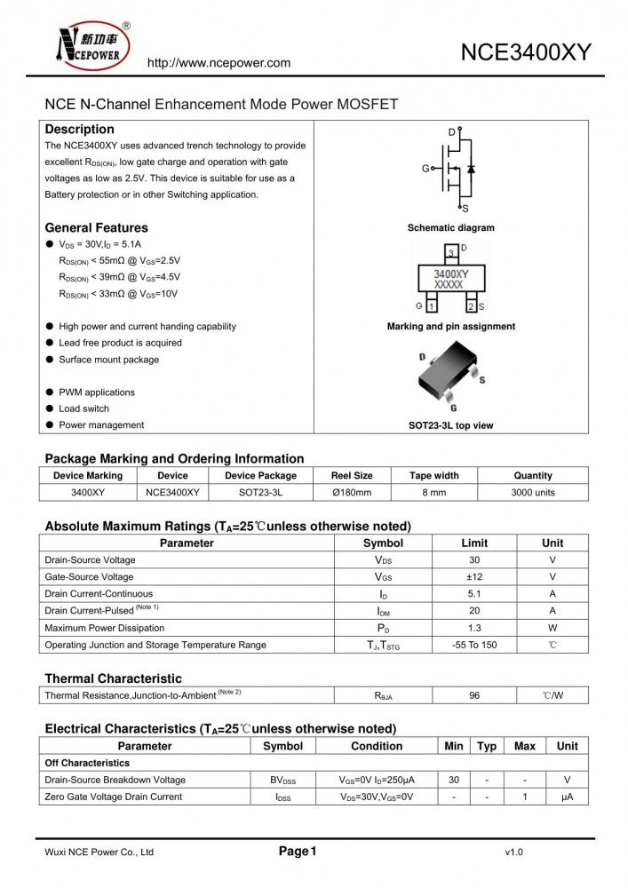 NCE3400XY datasheet page 1