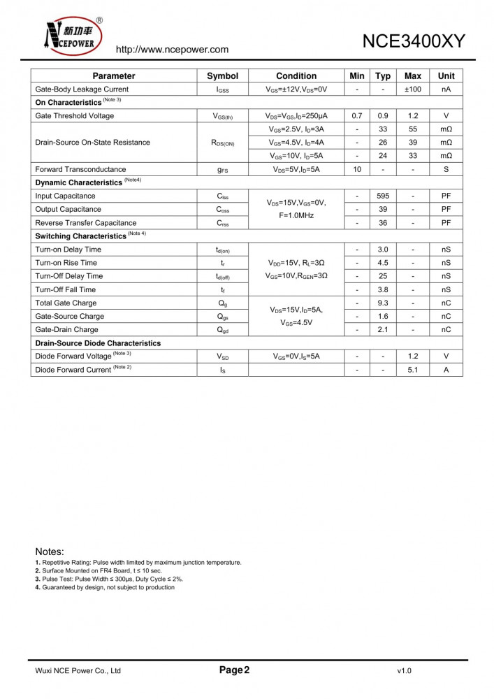 NCE3400XY datasheet page 2