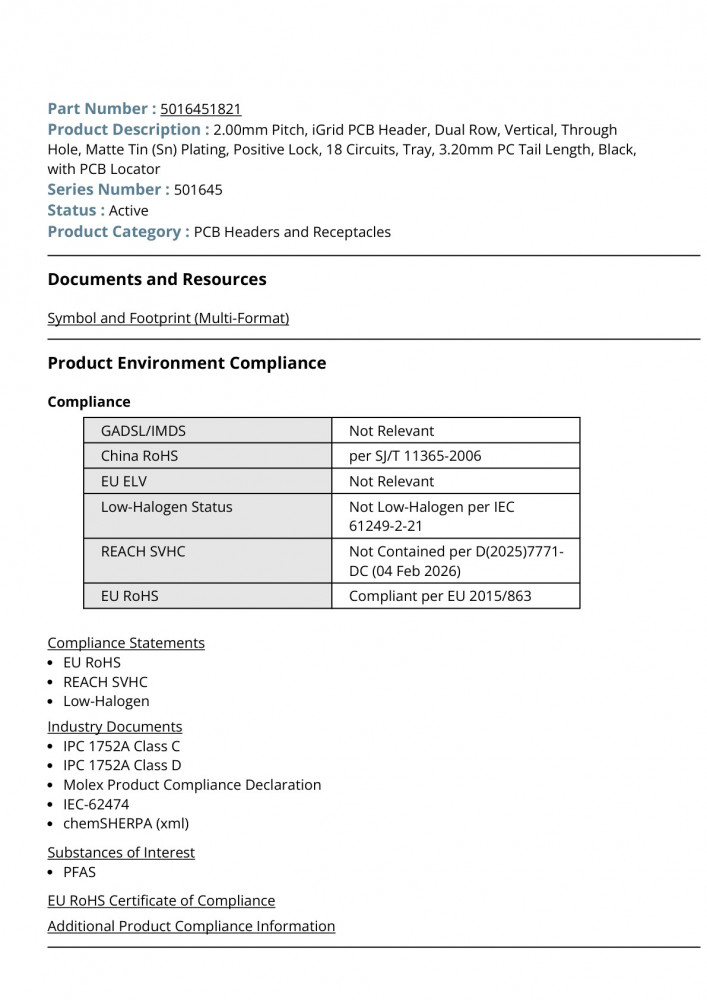 MOLEX 5016451821 product document image, page 1