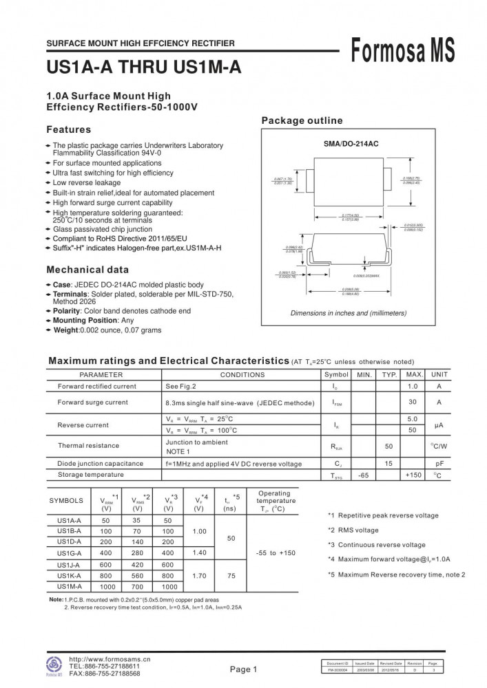 US1M-A datasheet page 1