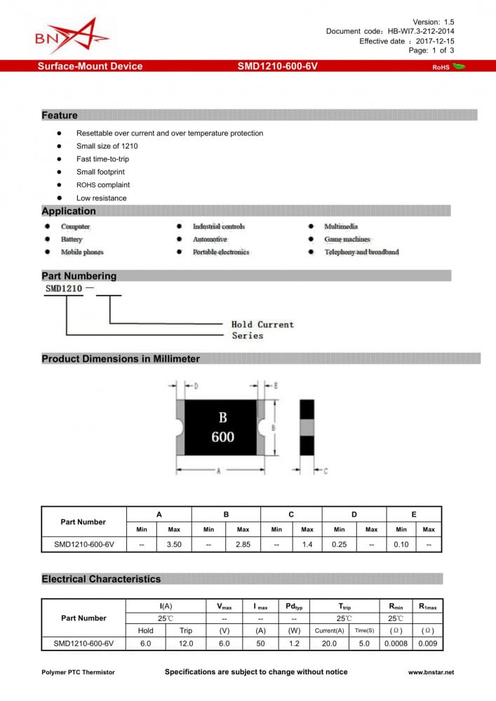 BNstar SMD1210-600-6V datasheet page 1