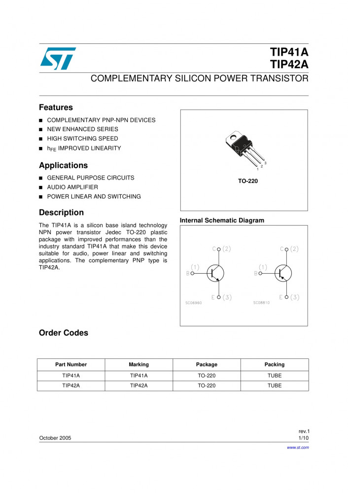 TIP42A datasheet page 1
