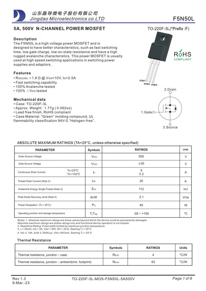 F5N50L datasheet page 1