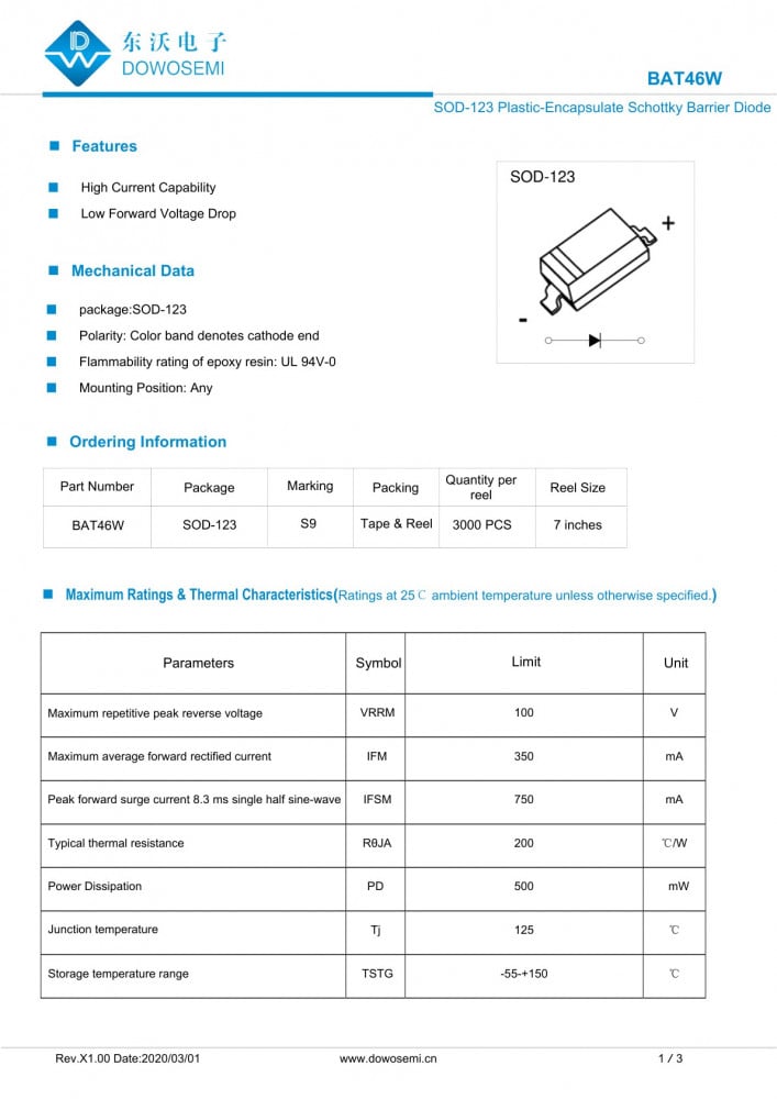 DOWO BAT46W datasheet page 1