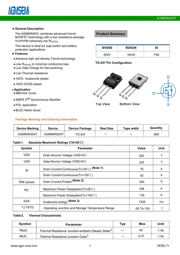 AGM65N20AT datasheet page 1