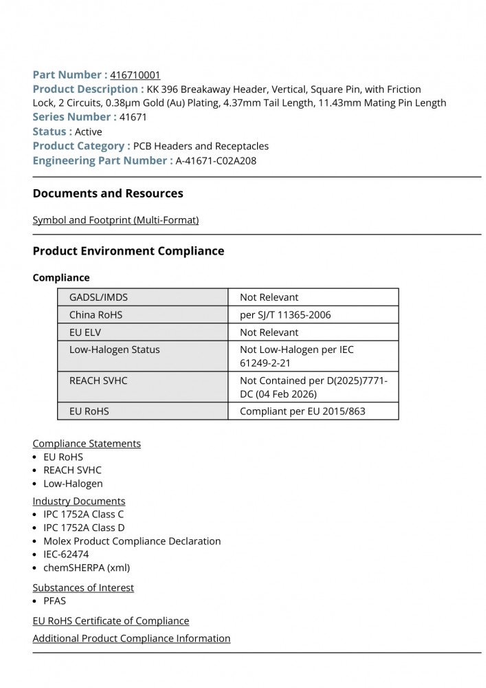 MOLEX 416710001 technical document page 1