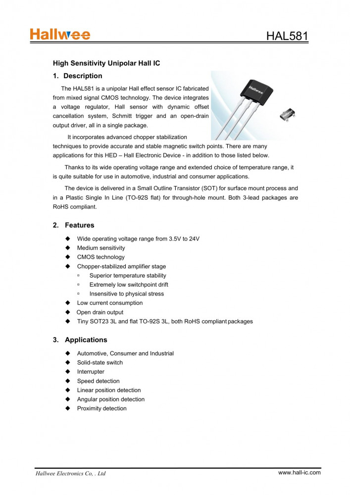 HAL581SO datasheet page 1