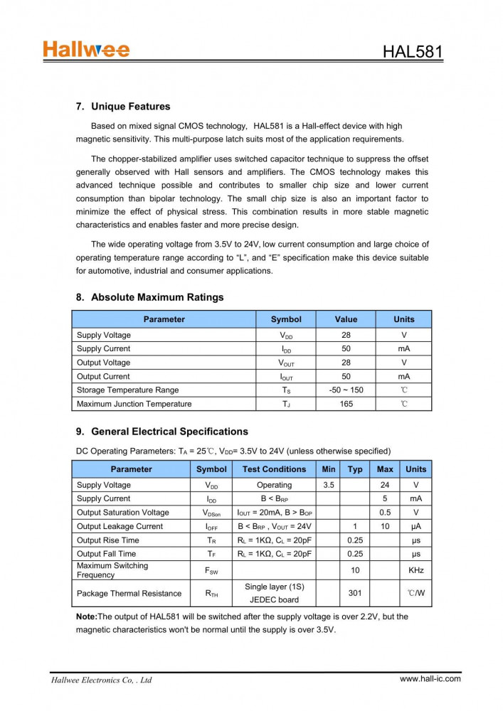 HAL581SO datasheet page 3