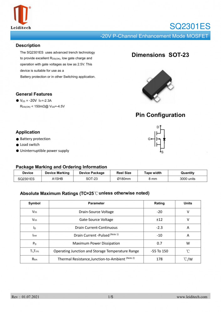 SQ2301ES datasheet page 1