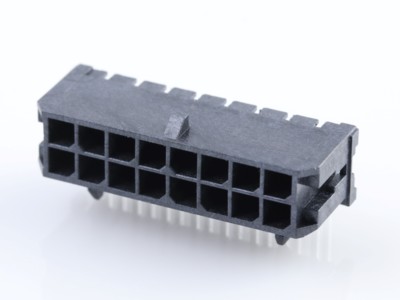 Micro-Fit 3.0 Right-Angle Header, 3.00mm Pitch, Dual Row, 16 Circuits, with Snap-in Plastic Peg PCB Lock, 0.38µm Gold Plating, Glow-Wire Capable, Black for sale