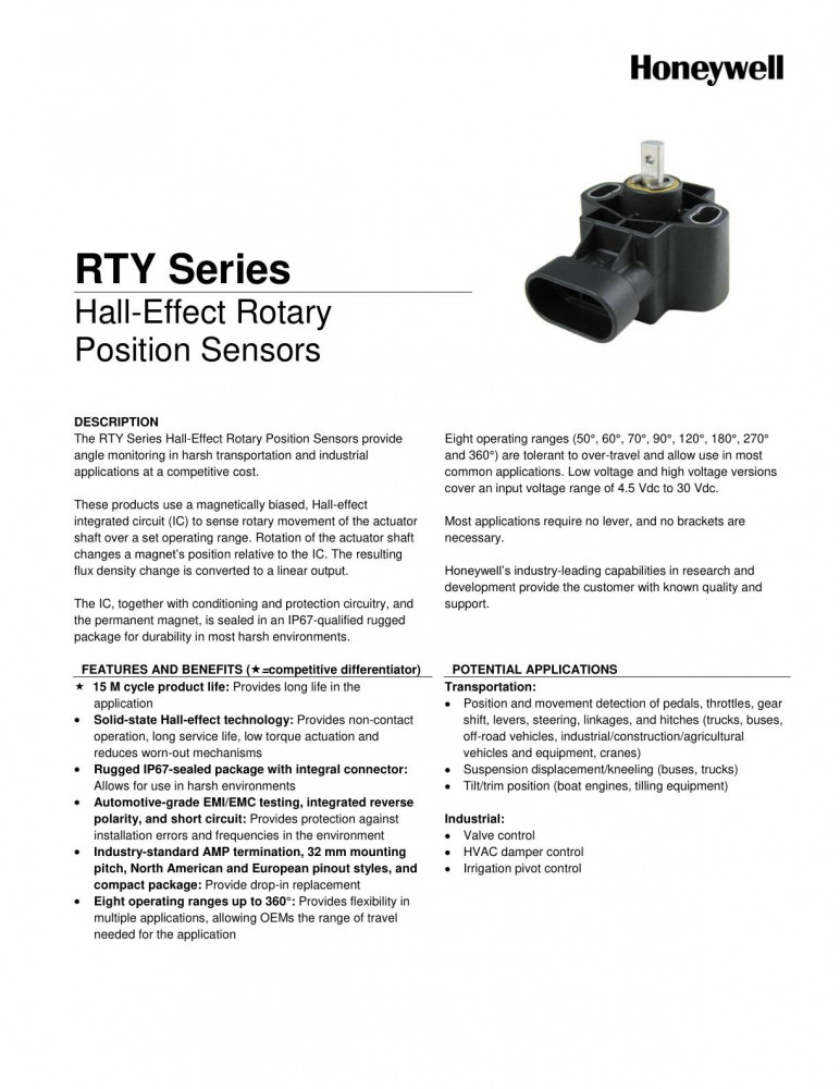 Honeywell RTY Series datasheet page 1