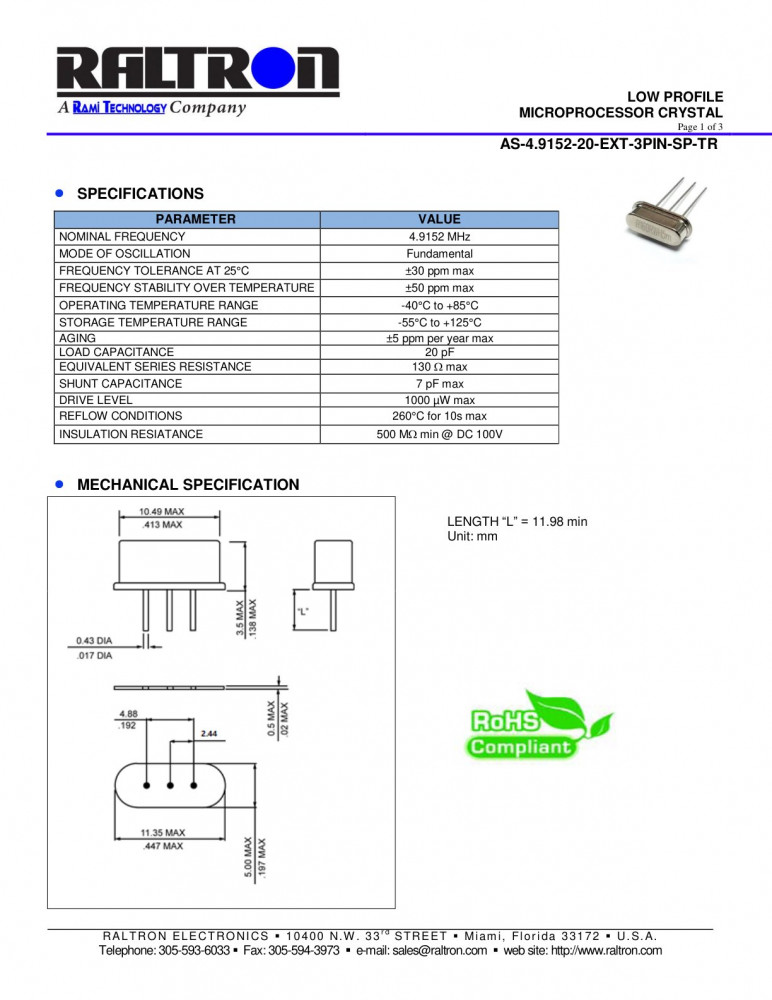 Raltron AS-4.9152-20-EXT-3PIN-SP-TR datasheet page 1