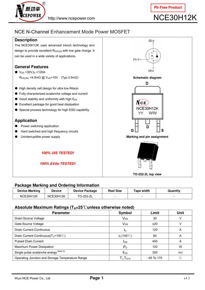 NCE30H12K datasheet page 1