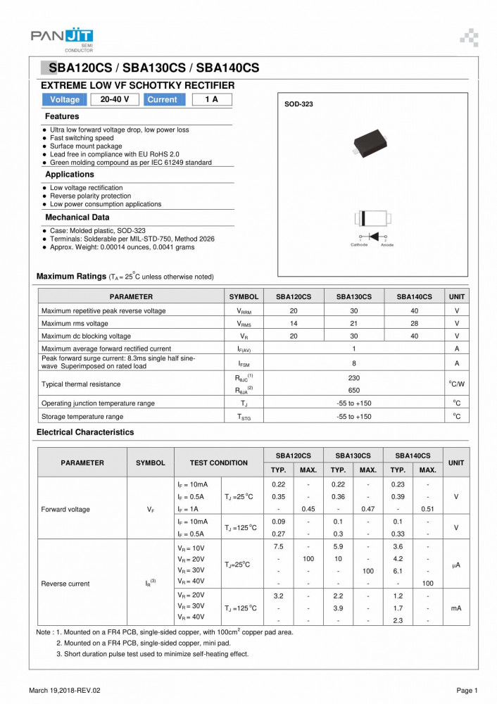 PANJIT SBA120CS datasheet page 1