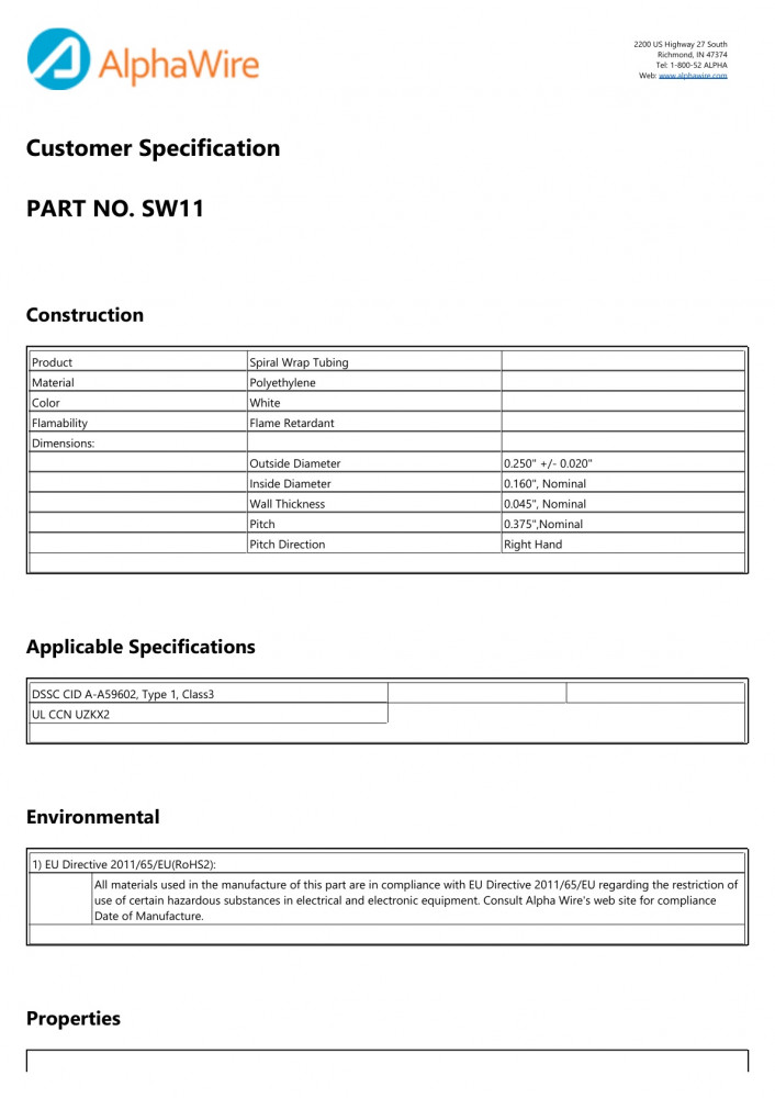 SW11 WH005 technical specification page 1