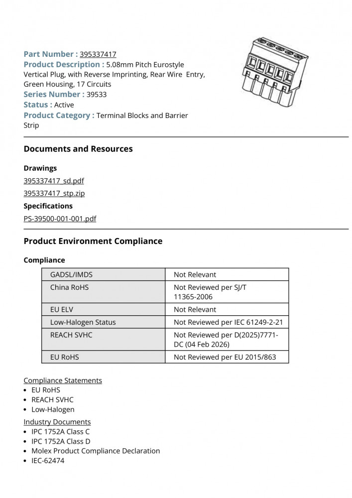 ESE Eurostyle terminal block product specification, page 1
