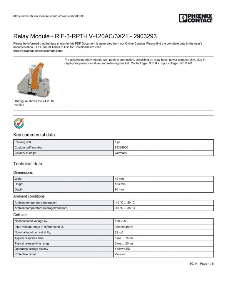 Phoenix Contact 2903293 technical document page 1