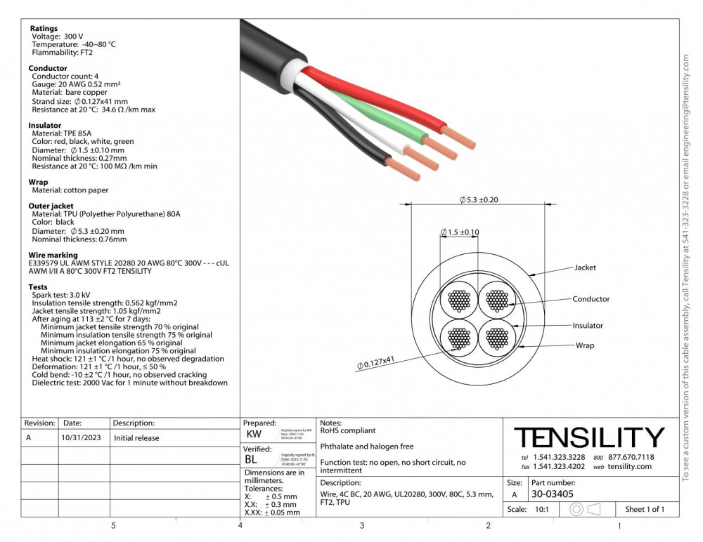 Technical drawing for Tensility International cable 30-03405