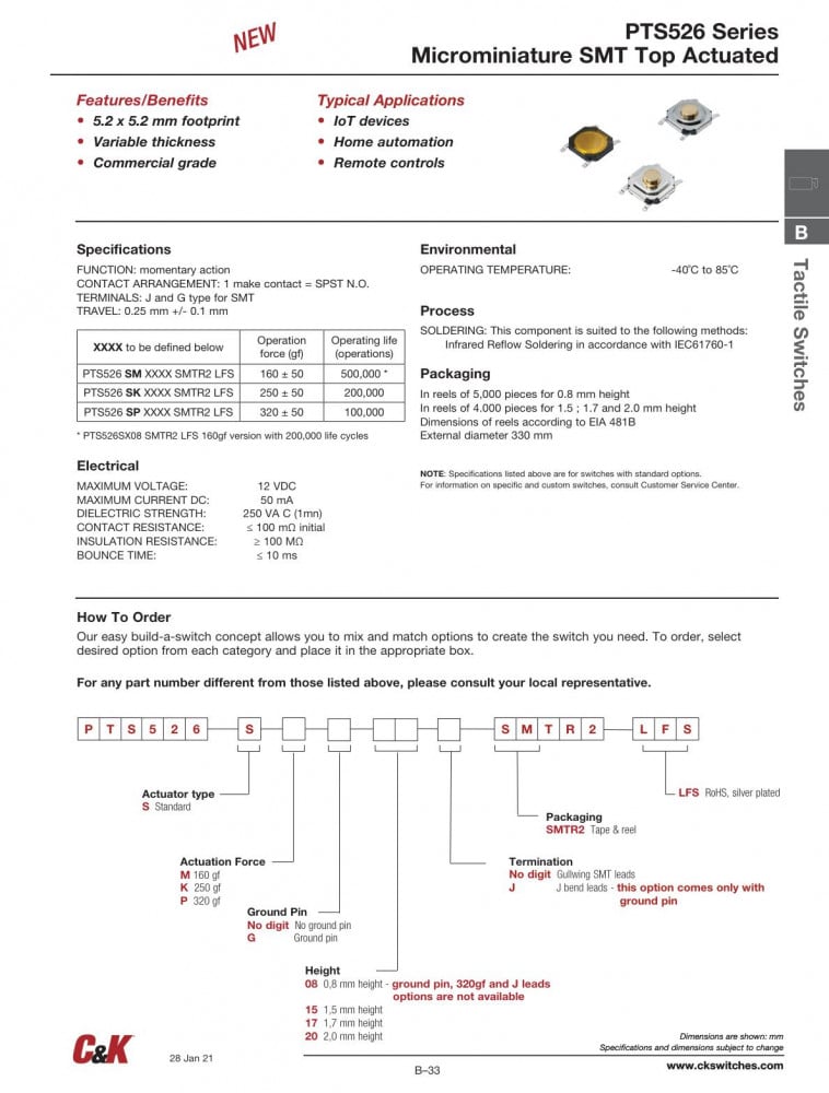 C&K PTS526 technical document page 1