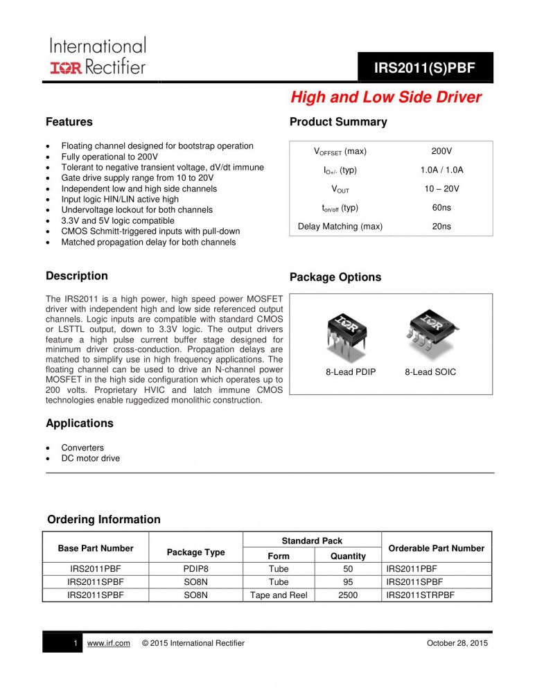 IRS2011STRPBF datasheet page 1