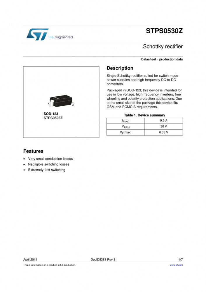 STPS0530Z datasheet page 1
