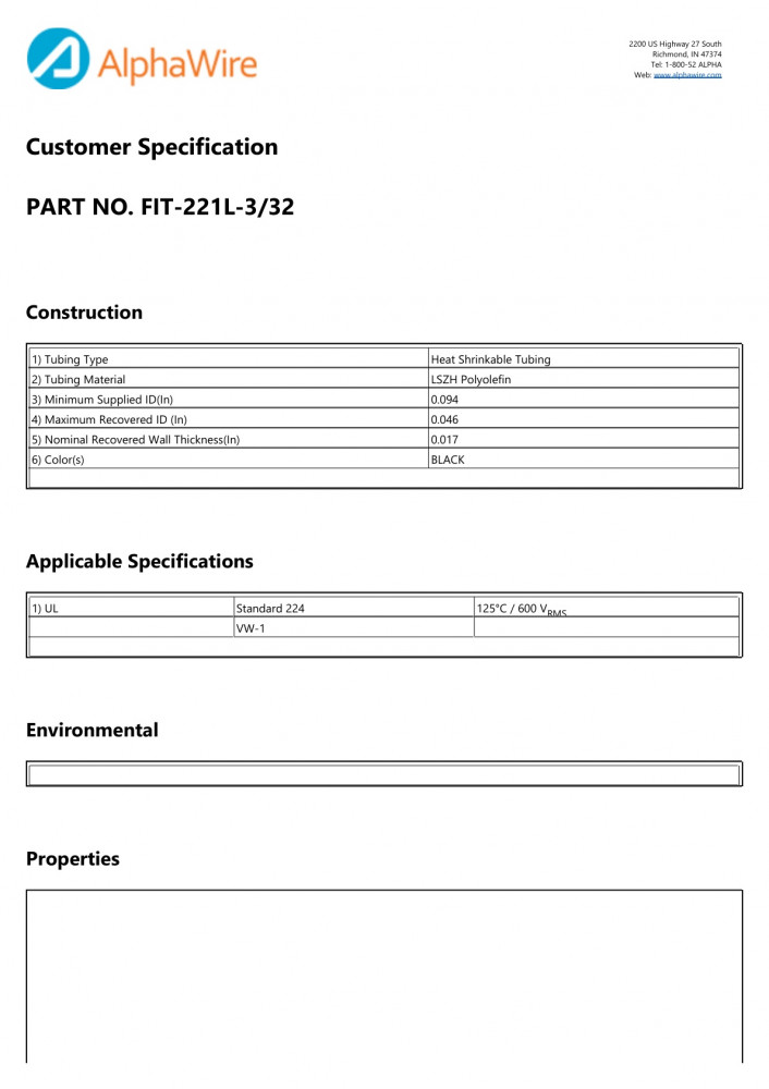 Alpha Wire FIT-221L-3/32 technical document page 1