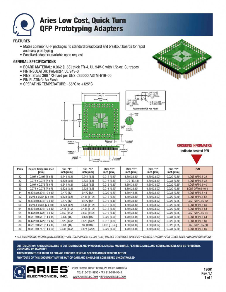 Aries LCQT QFP prototyping adapter technical document page 1