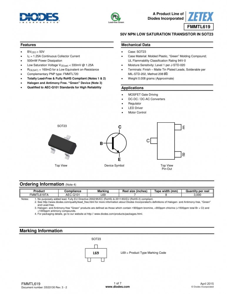 FMMTL619TA datasheet page 1