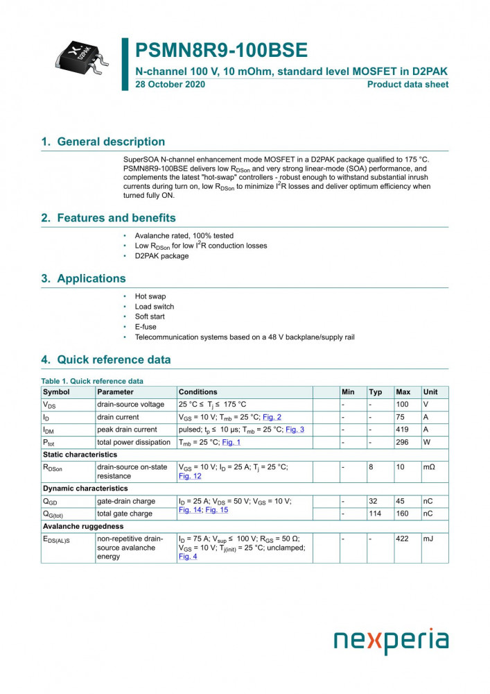 PSMN8R9-100BSE datasheet page 1