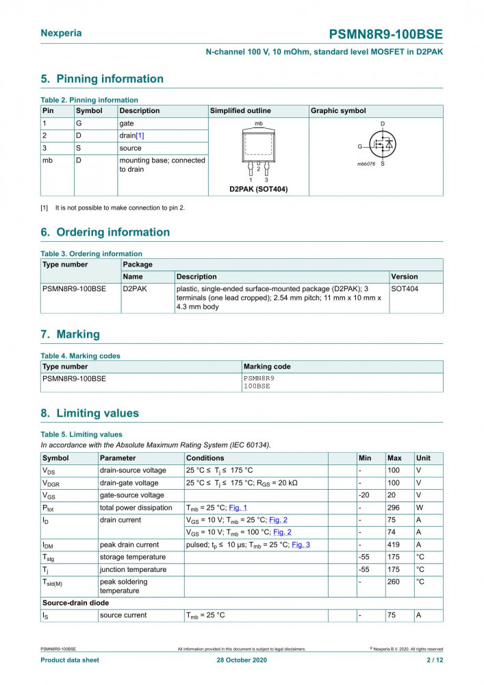 PSMN8R9-100BSE datasheet page 2