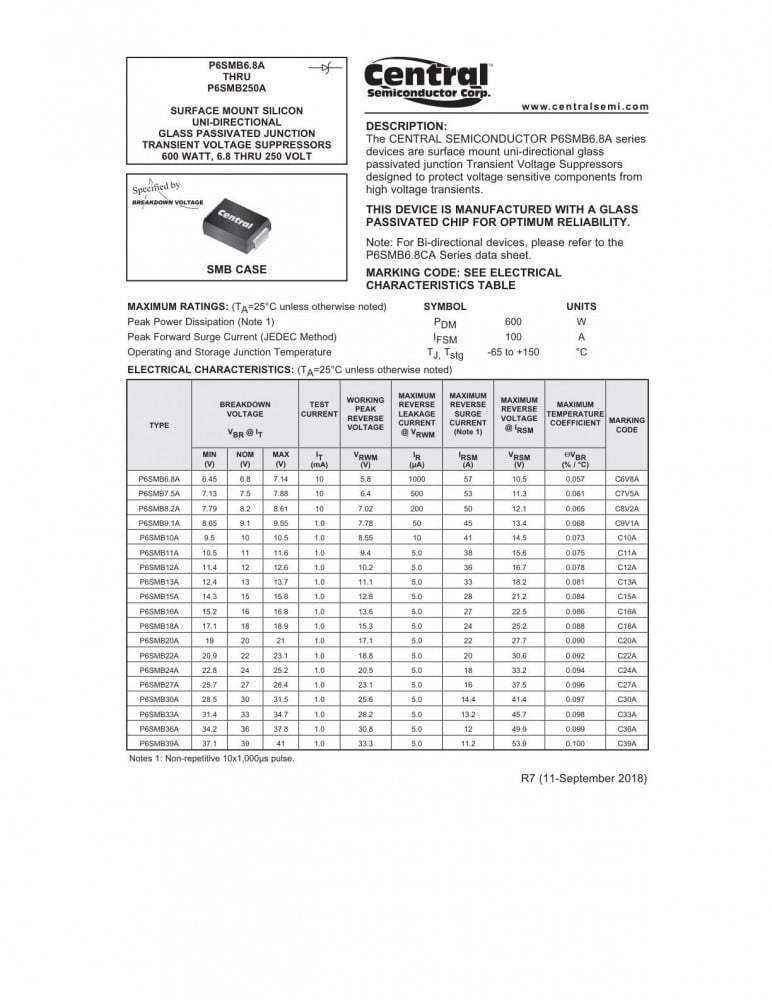 Central P6SMB11A datasheet page 1