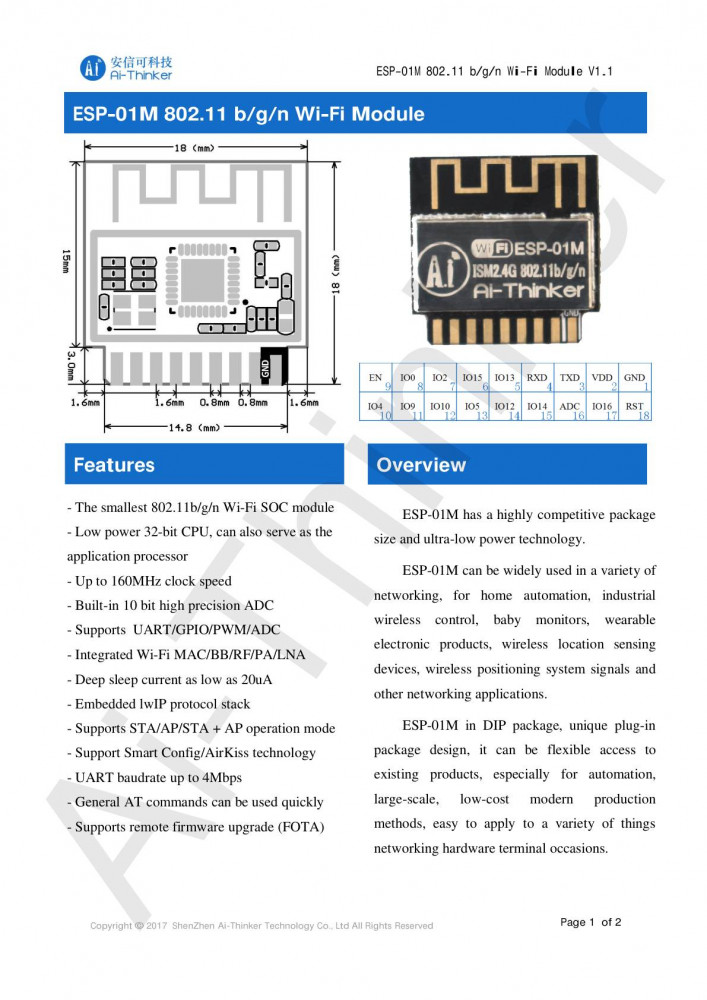 Ai-Thinker ESP-01M technical document page 1