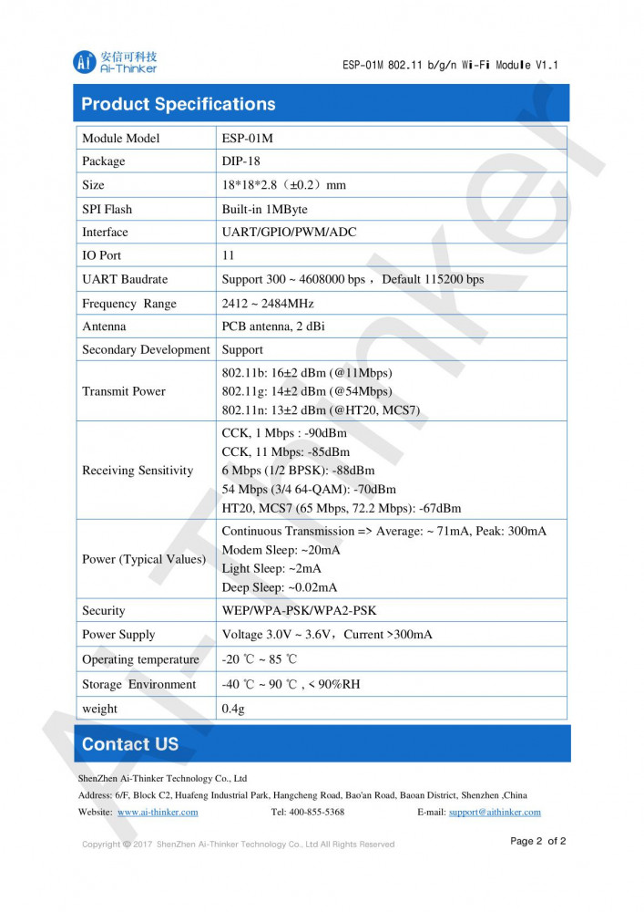 Ai-Thinker ESP-01M technical document page 2