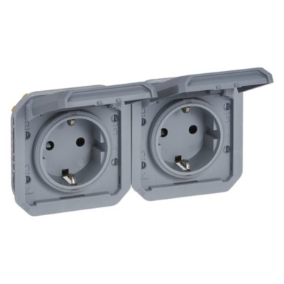 Plexo™ - double prewired vertical german standard socket outlet 16A 250V - Mechanism - Grey