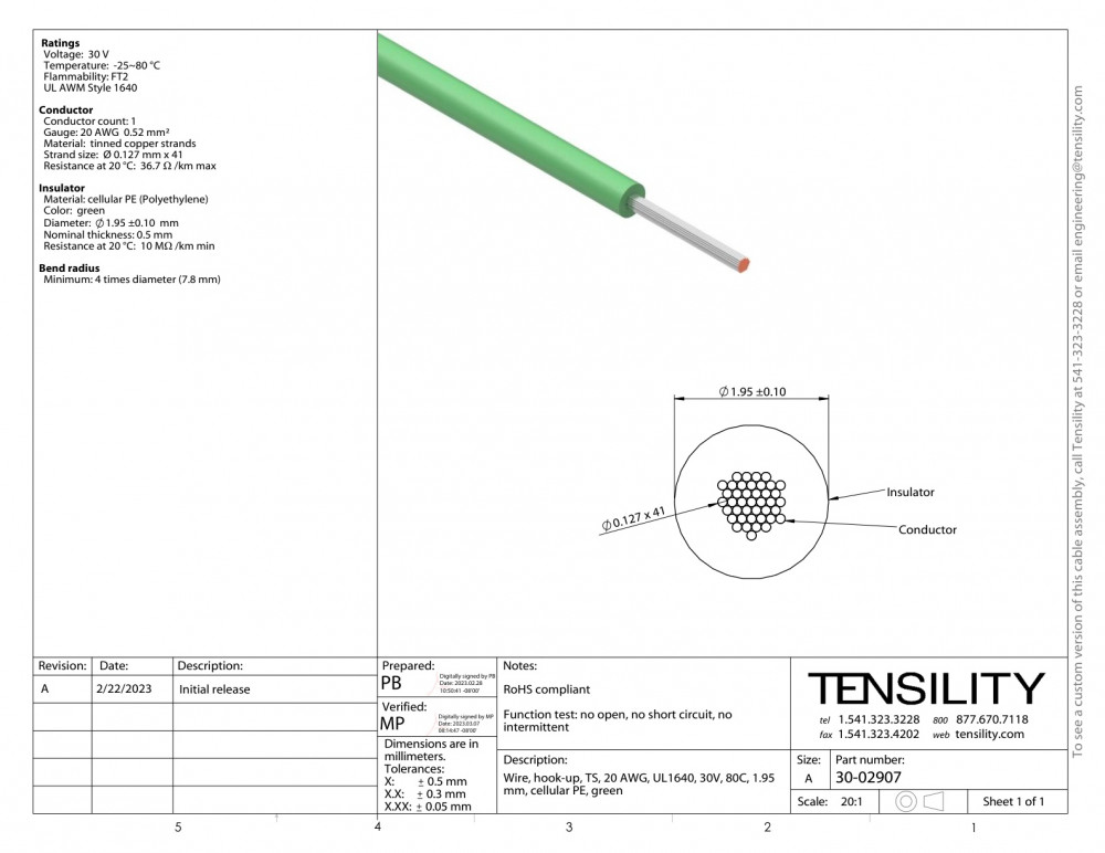Tensility International 30-02907 wire drawing and specification page