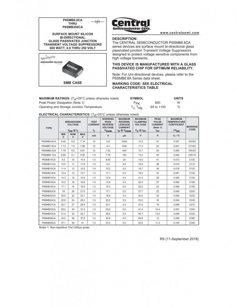 Central P6SMB series datasheet page 1