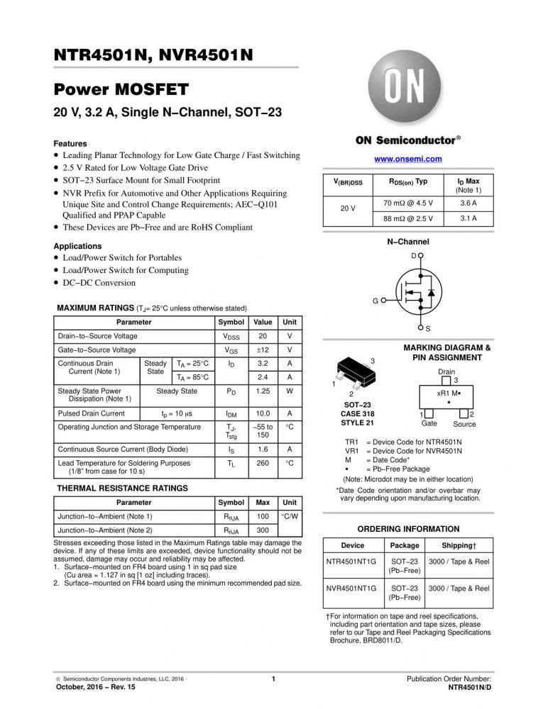 NTR4501NT1G datasheet page 1