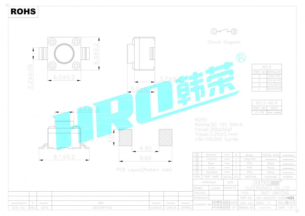 K2-6625SP-C4SW-04 technical drawing and PCB layout