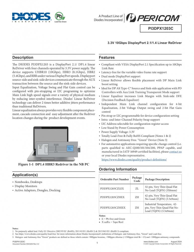 PI3DPX1203 DisplayPort ReDriver technical document preview