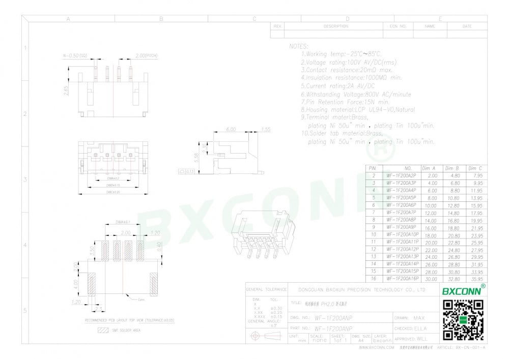 BXCONN WF-1F200A9P technical drawing page 1