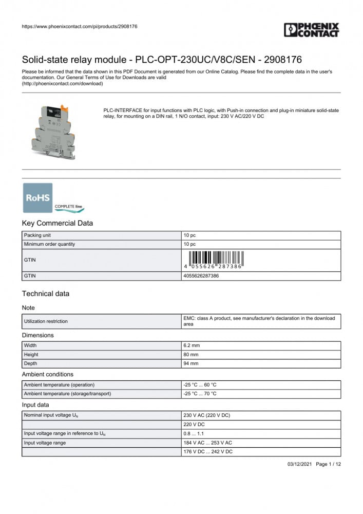 Phoenix Contact 2908176 technical document page 1