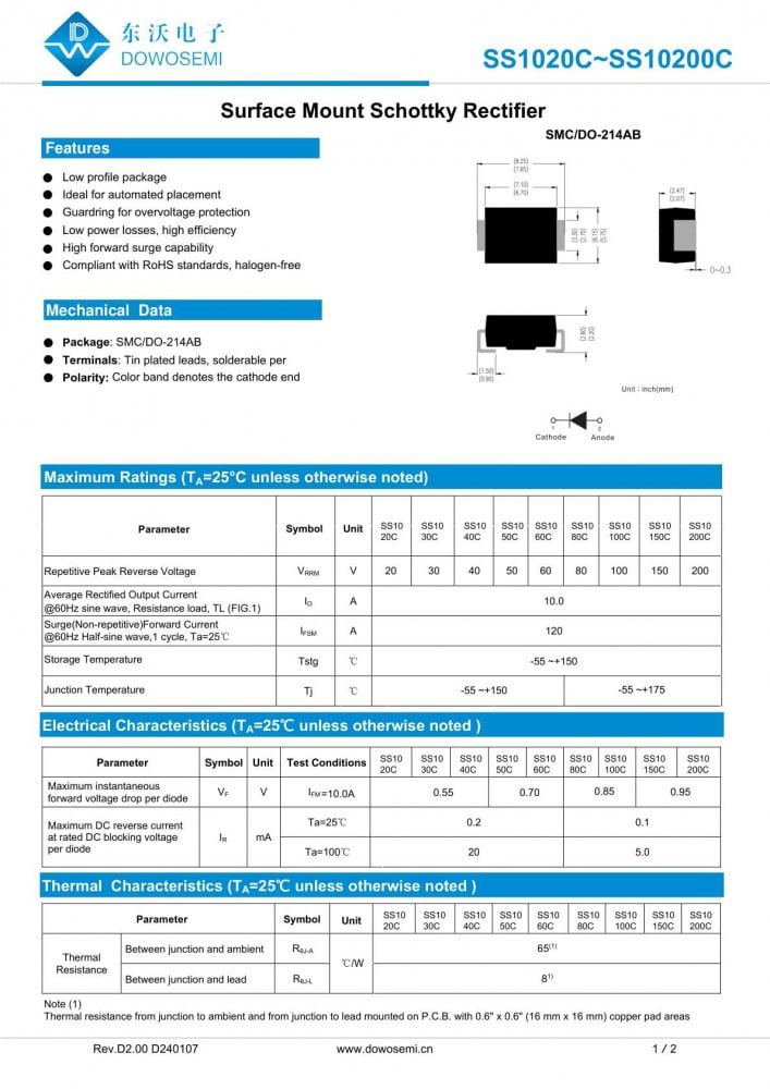 DOWO SS10100C datasheet page 1