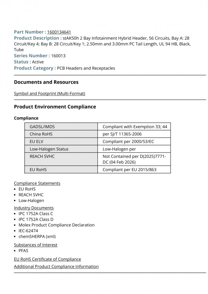 Technical document page 1 for MOLEX 1600134641