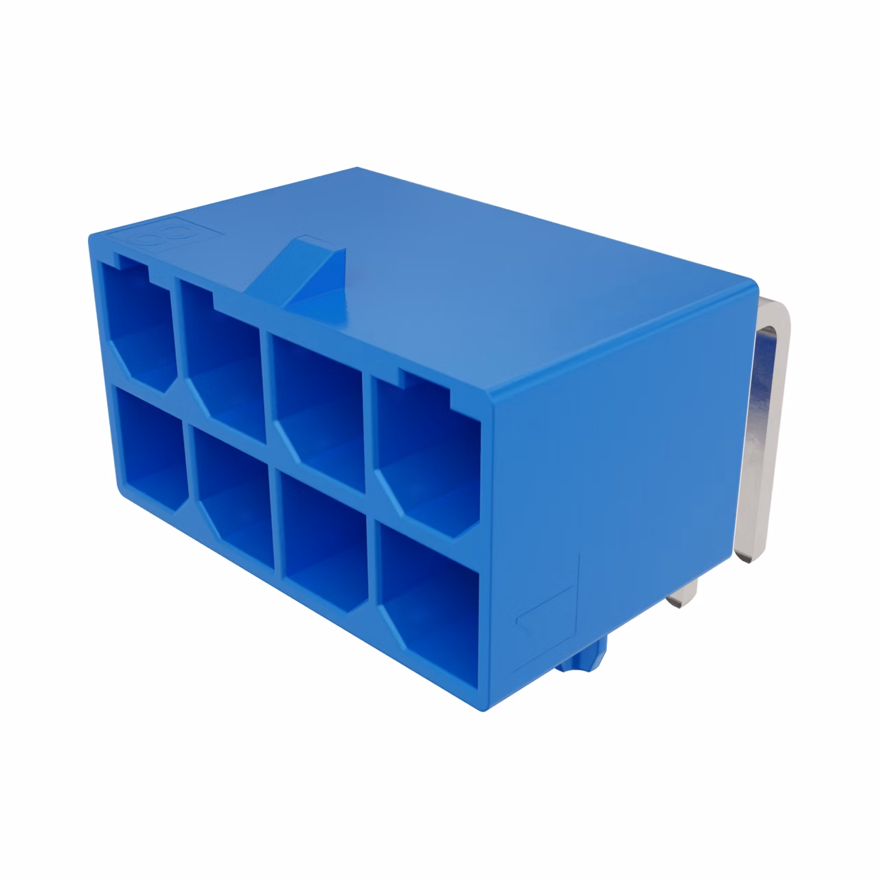 Mega-Fit ColorLock Right-Angle Header, 5.70mm Pitch, Through Hole, Dual Row, 8 Circuits, Matte Tin (Sn) Plating, 3.60mm Tail Length, Glow-Wire Capable, Tray, Blue for sale